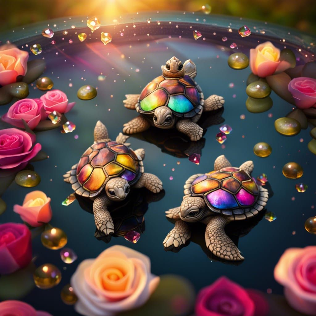 Baby turtles in a pond with roses - AI Generated Artwork - NightCafe ...