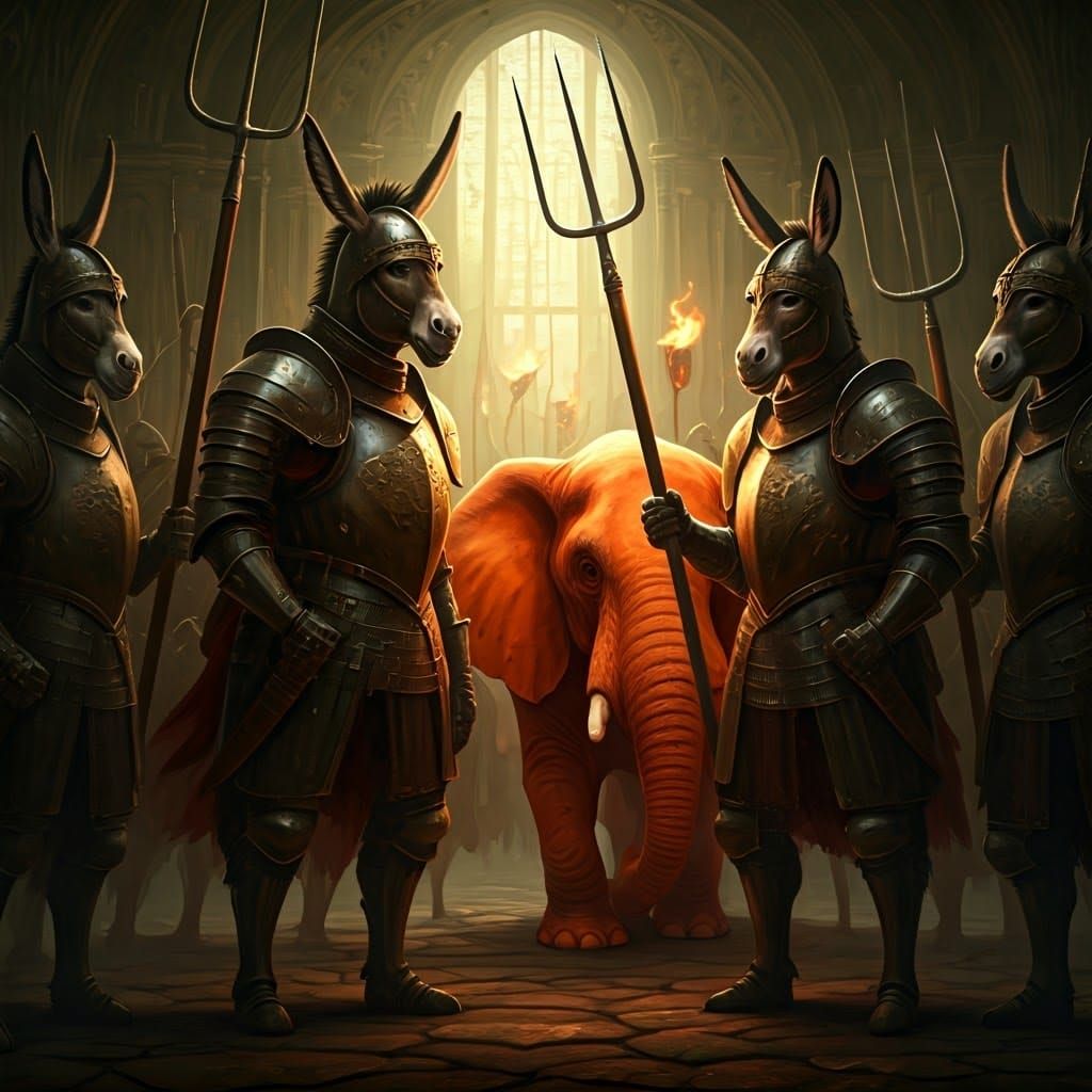 Regal Armored Donkeys Confront Distressed Elephant... - AI Art