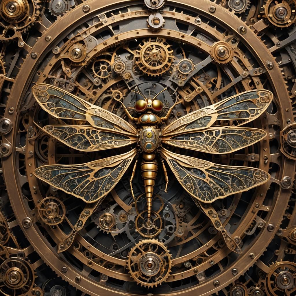 a mesmerizing, steampunk-inspired artwork featuring a dragonfly-like creature with intricate ...