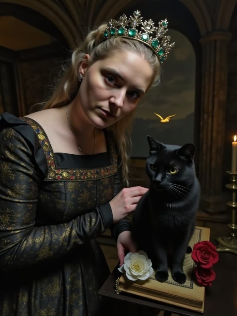 A dramatic and moody portrait of Eleanor of Aquitaine, illuminated solely by the flickering glow ...