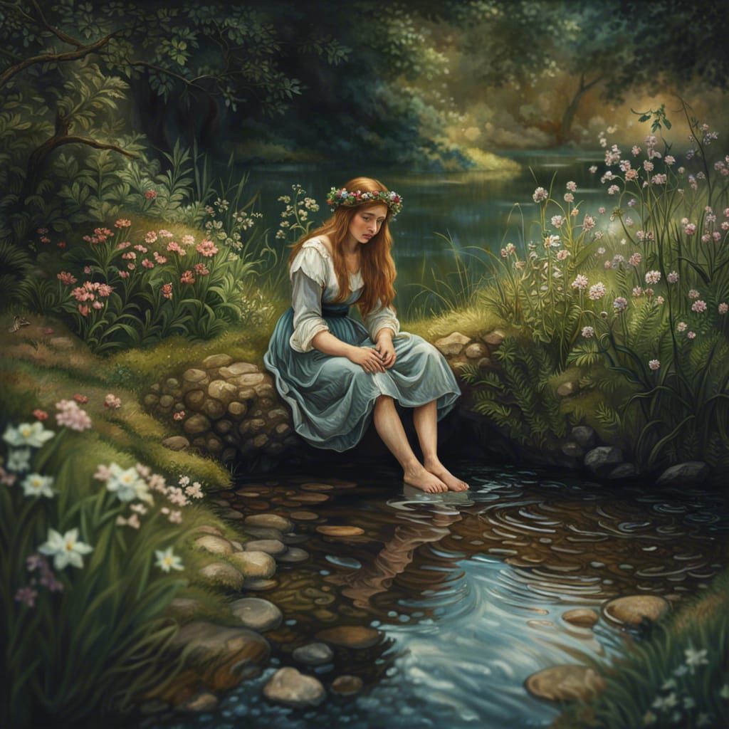 Pre-raphaelite painting of a beautiful young maiden sitting on the ...