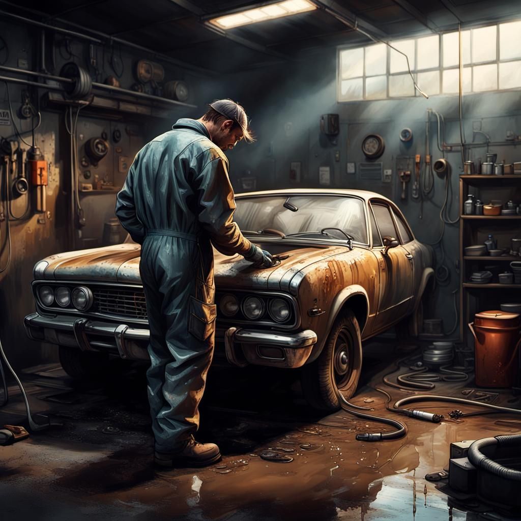 A mechanic working on a car - Gritty Garage Scene of Mechani...