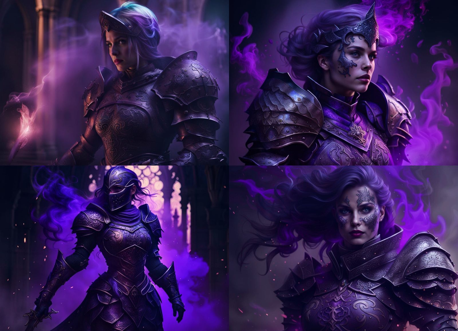 Arcane female knight in ornate gothic armor with ethereal smoke. purple ...