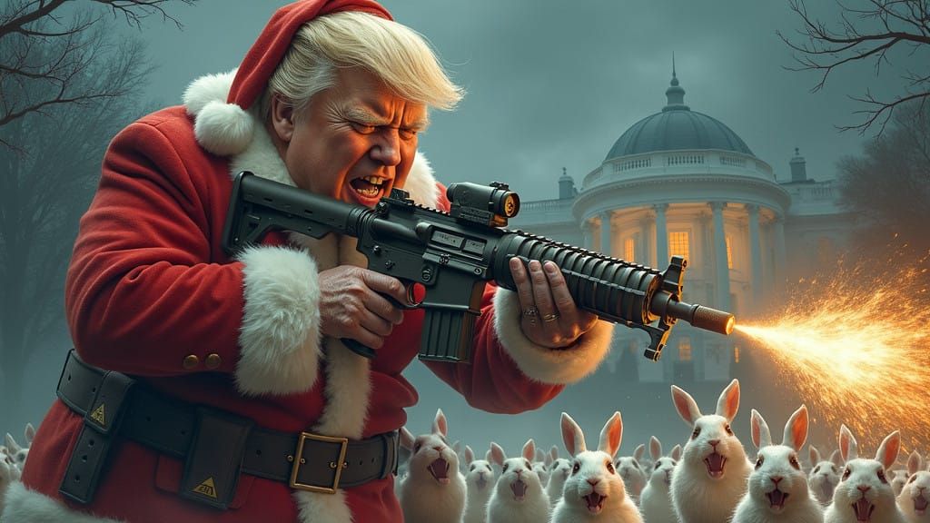 MAGA - Distorted Trump as Twisted Santa Claus Wields Machine...