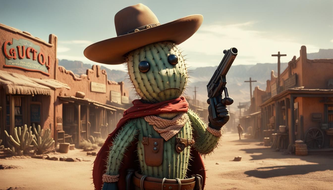 Many cactus in sambrero with guns as a cartoon character, Gunfight at ...