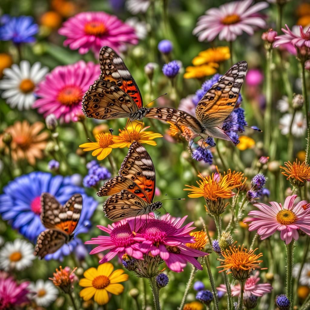 Colorful butterflies drinking nectar in a meadow full of gorgeous ...