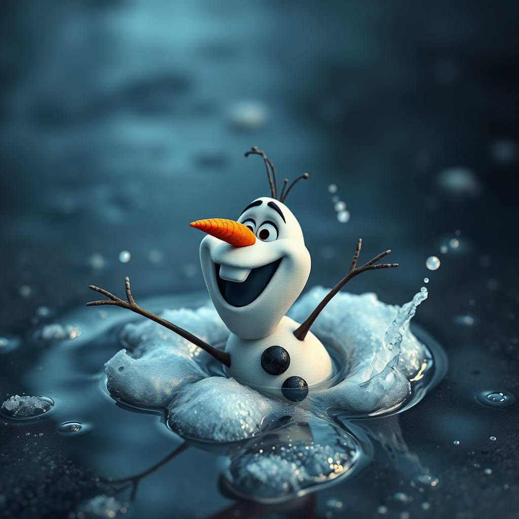 cute adorable happy snowman Olaf melting into a puddle of clear water,