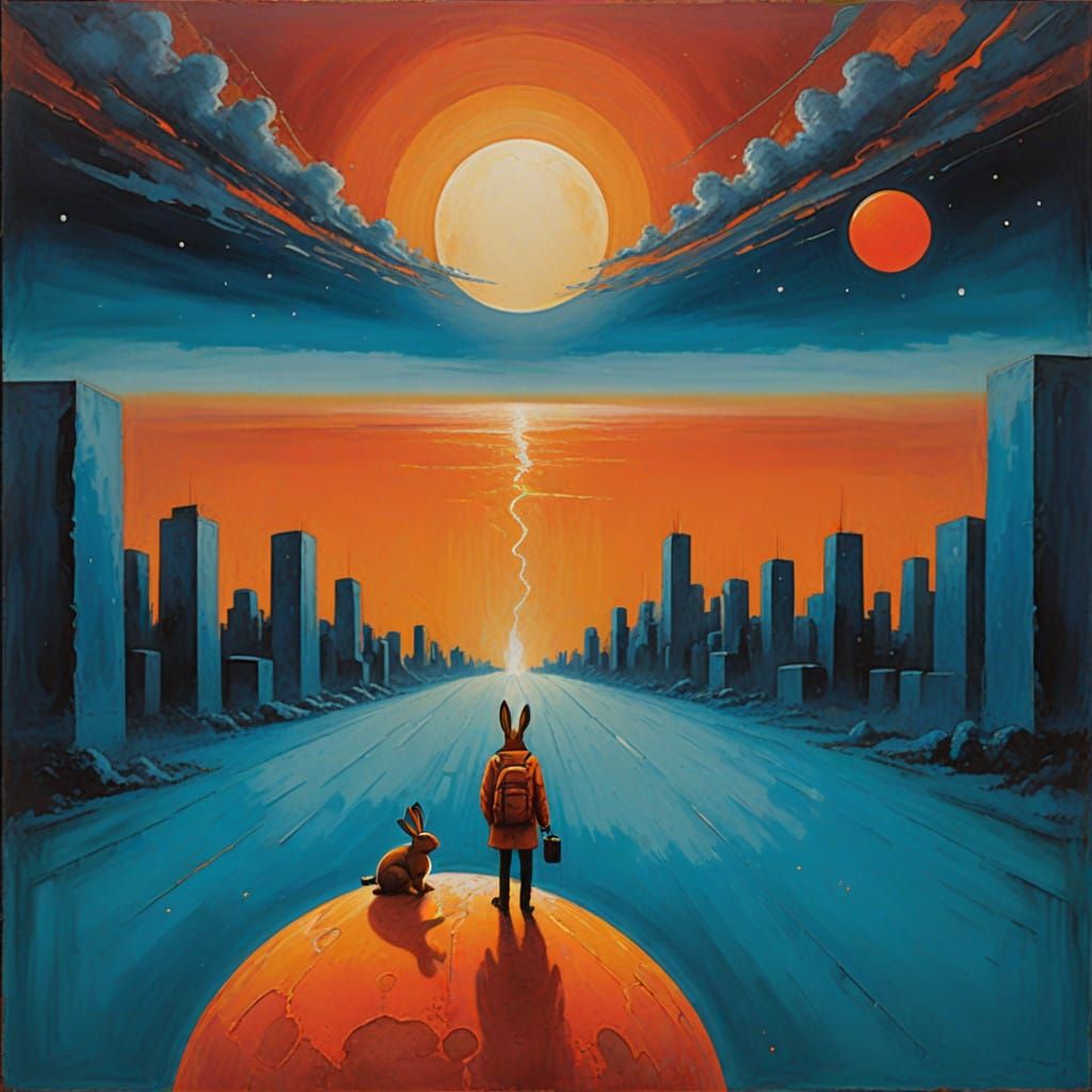 Surrealist Dreamscape with Rabbit and Electric Bus... - AI Art