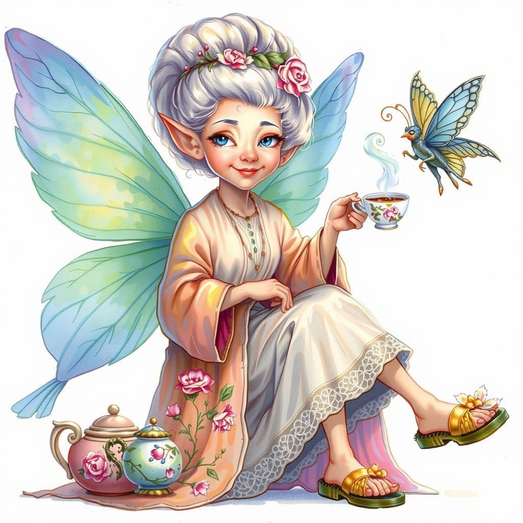 Elegant older Fairy Drinking Coffee - AI Art