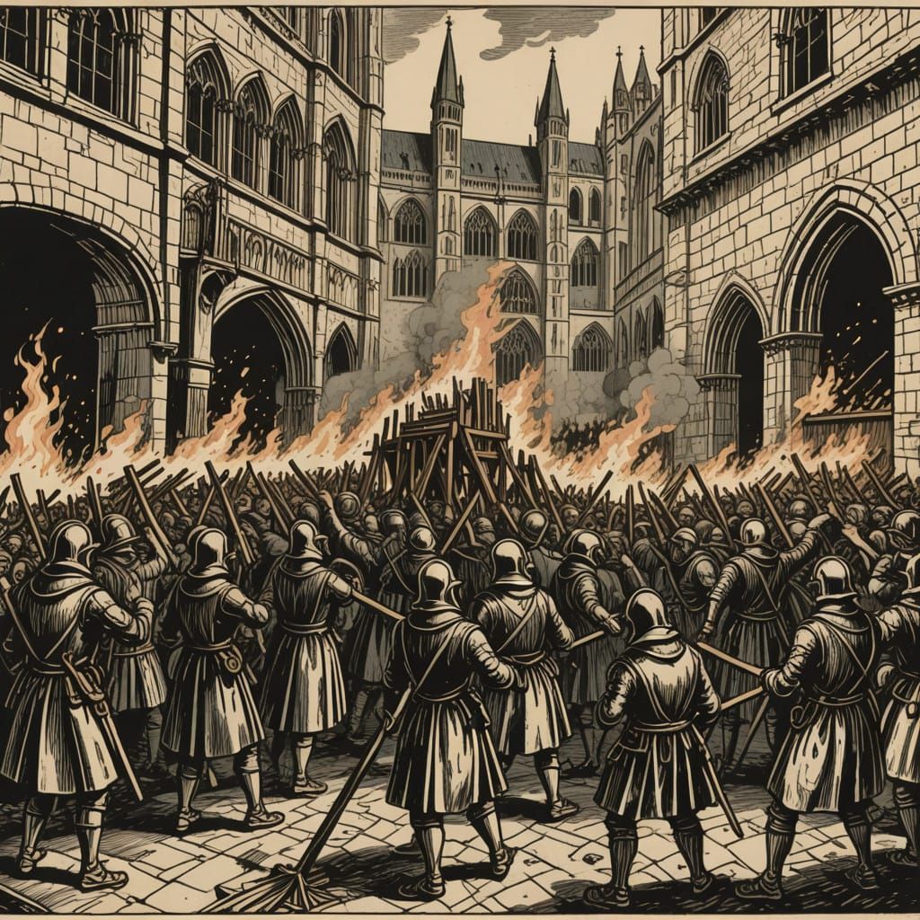 Medieval Mob Destroys Burning Presses in Trebuchet... - AI Art
