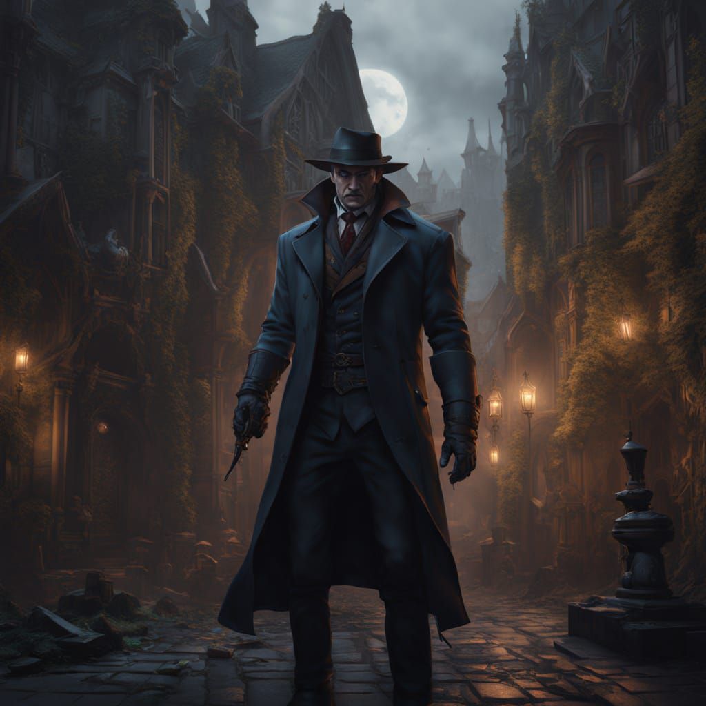 Vampire Detective Explores Dark Gothic City Street... - AI Art