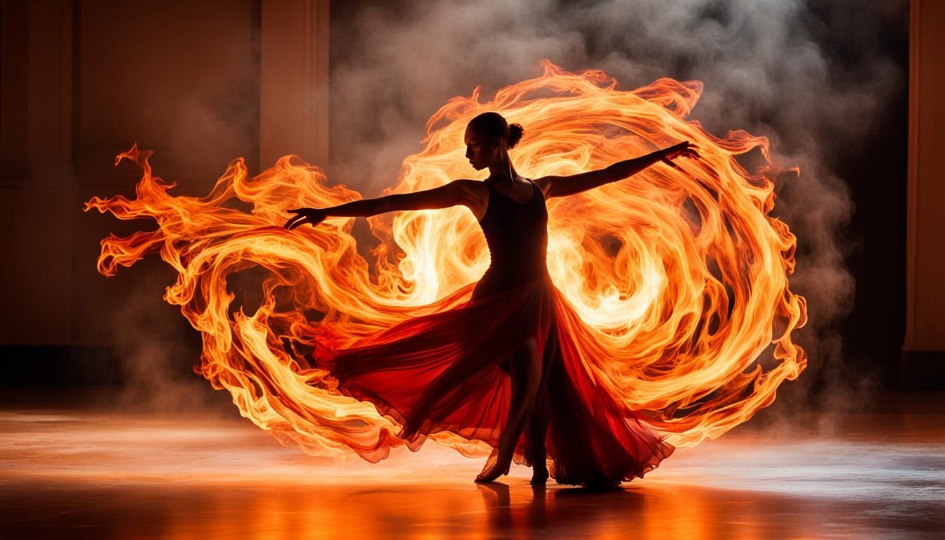 A dancer is gracefully moving amidst swirling flames that take on ...