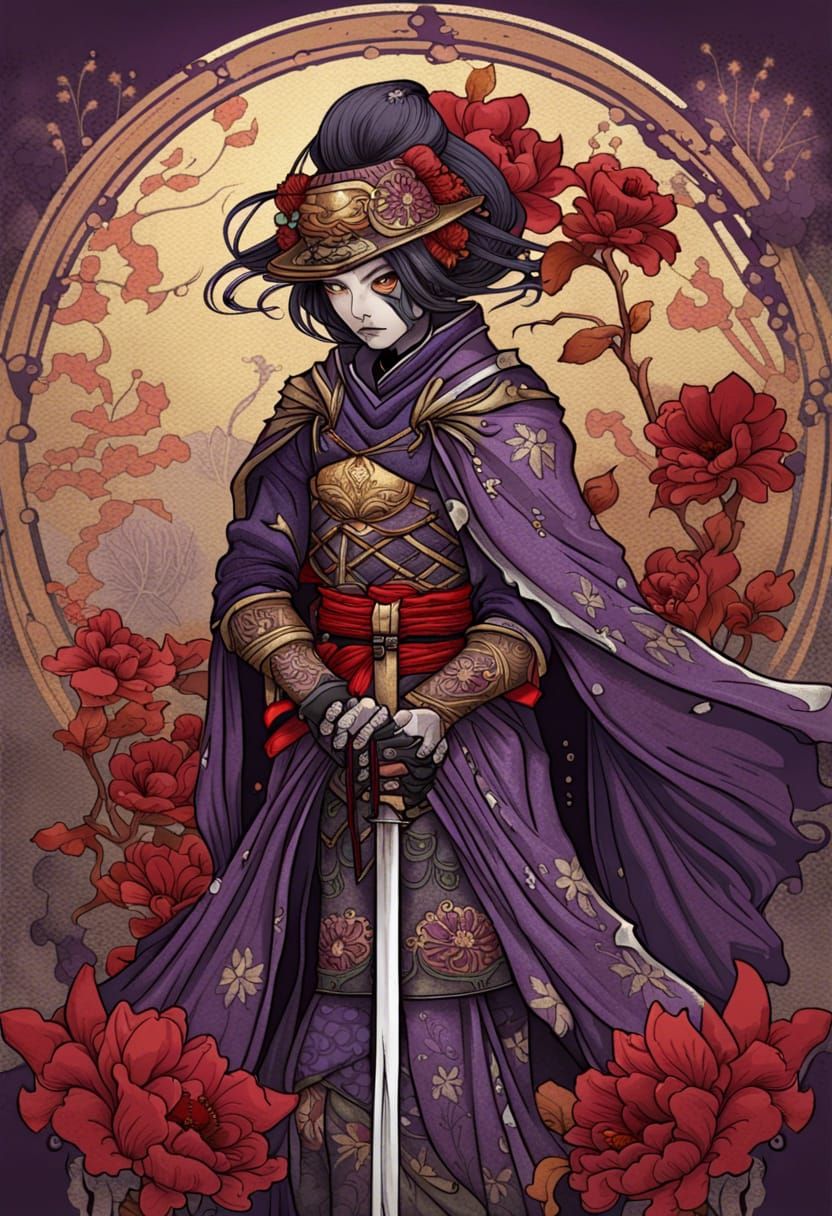 An ornate art nouveau beautiful flower samurai in a tattered cape drawn ...