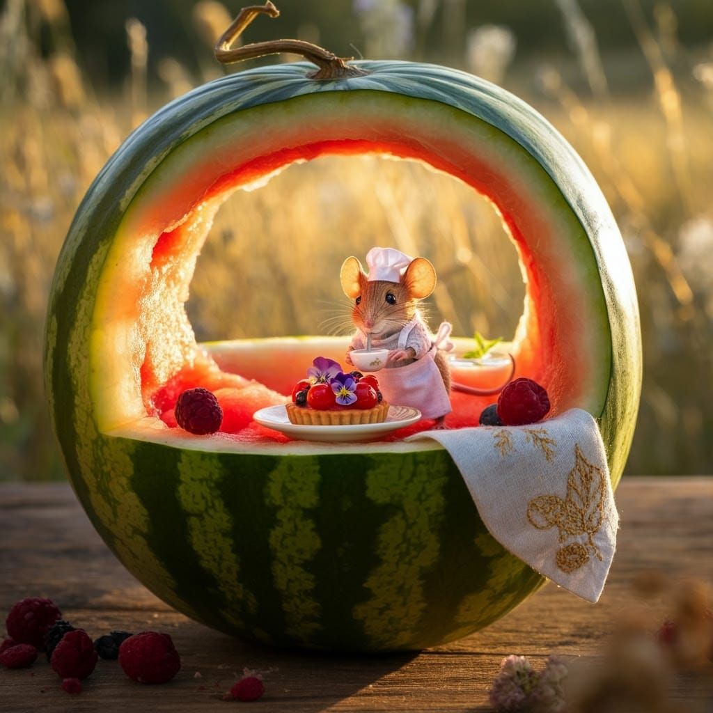 Mouse Cafe - Whimsical Watermelon Cafe Scene in Golden Hues