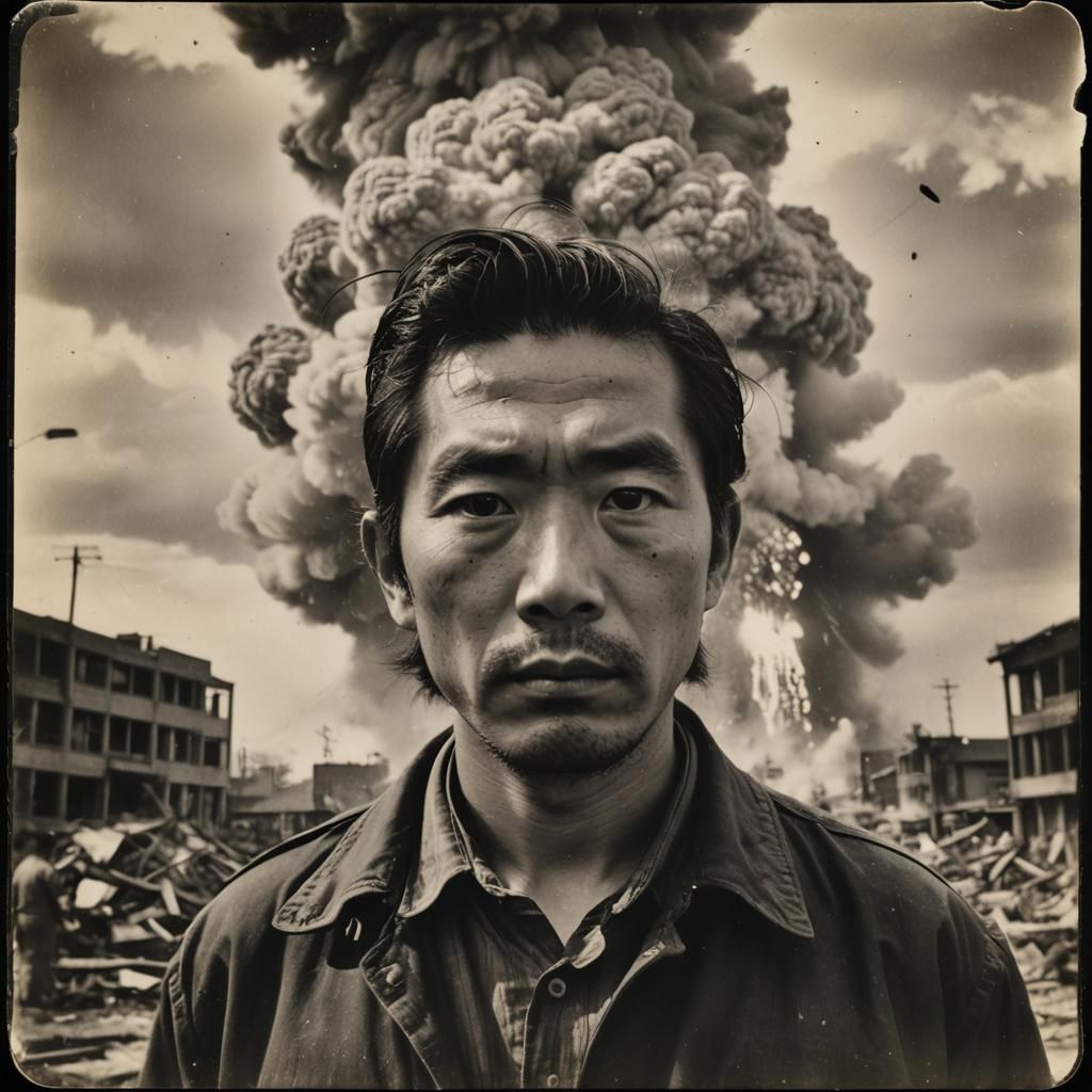 Polaroid timetravel photo of a Japanese man looking sad at the atomic ...