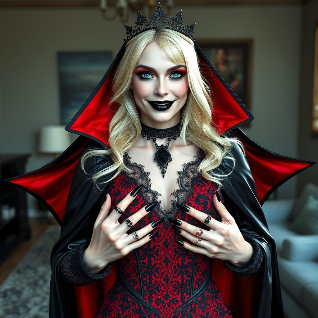 Elegant Vampire Maiden in Crimson and Black Attire - AI Art