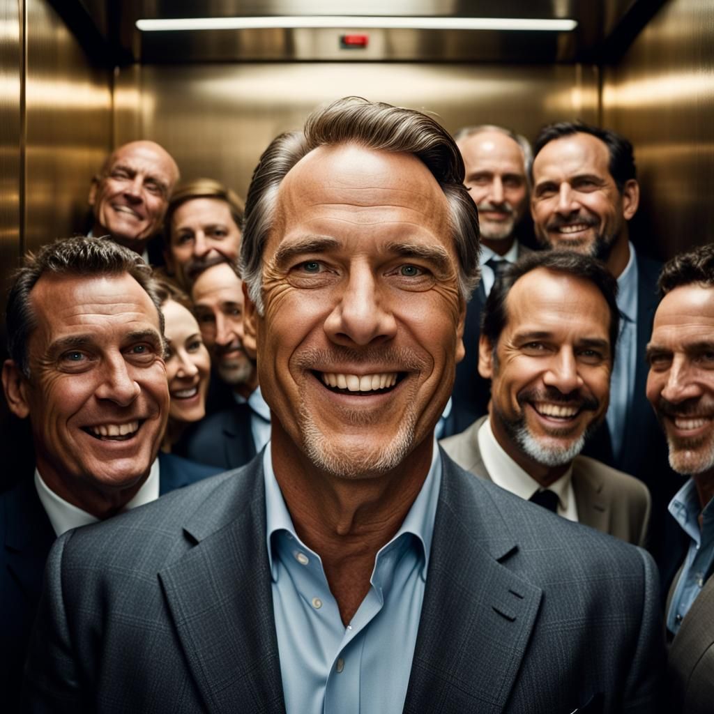 A well-dressed man, with a happy face, inside an elevator surrounded by ...
