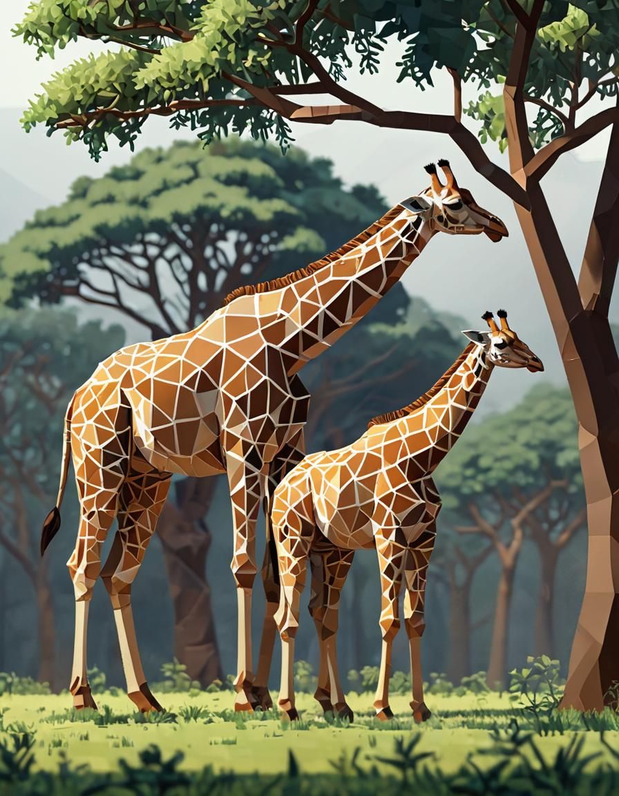 Giraffe Family in Geometric Pixel Art Landscape - AI Art