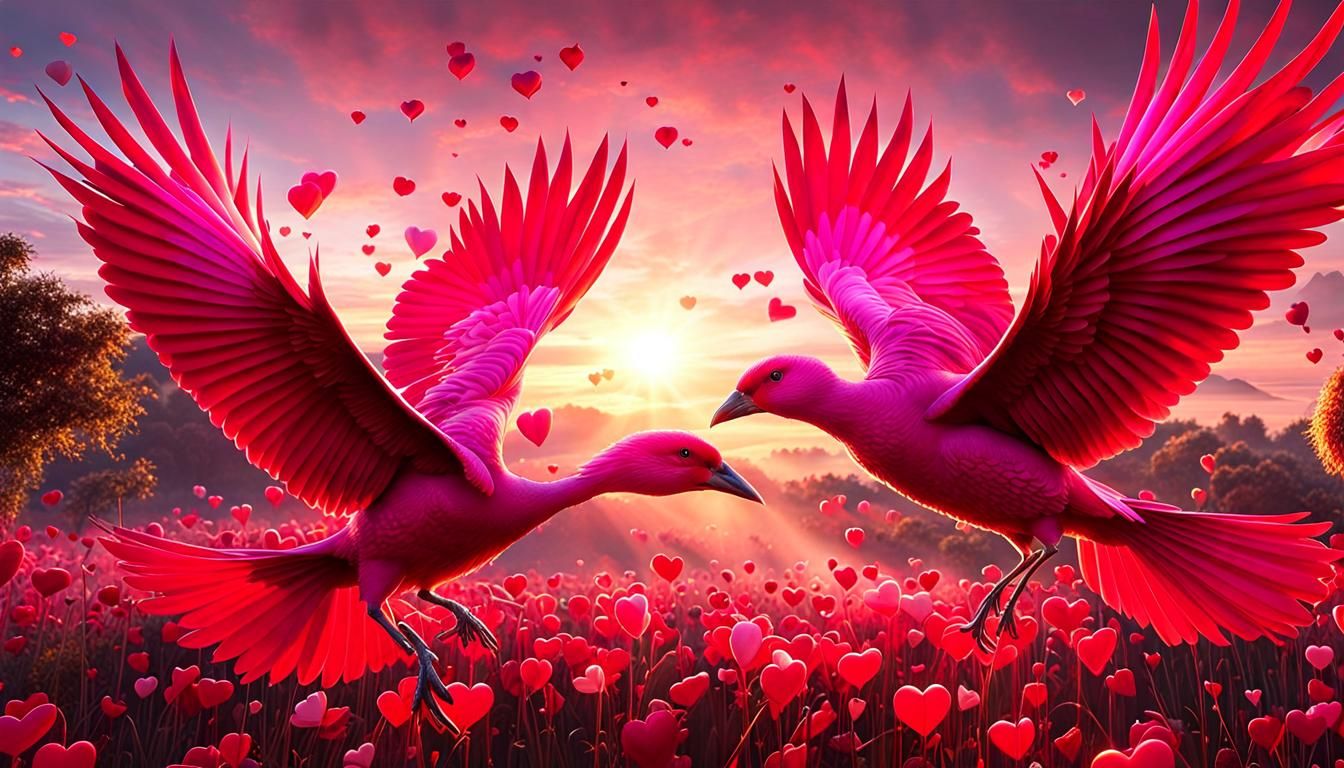 red and pink heart-shaped birds flying with perfect wings, hearts at ...