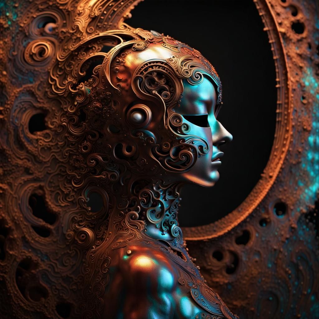 3D backlit underlit full body character in theatre mask side view ...