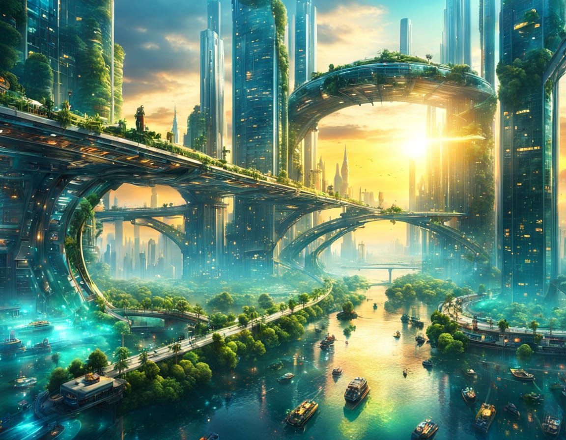 Sunrise over Solarpunk Megacity - Sunrise over Solarpunk Meg...