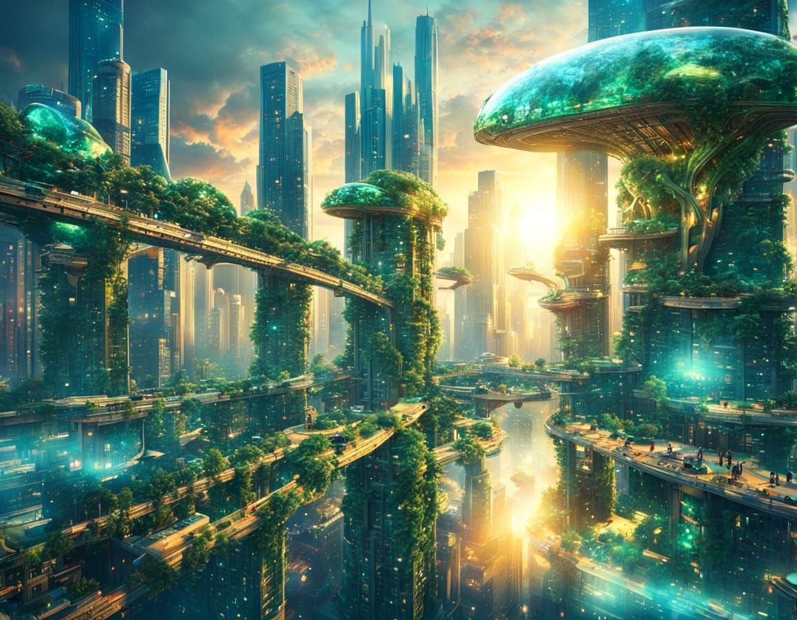 Sunrise over Solarpunk Megacity - Sunrise over Solarpunk Meg...