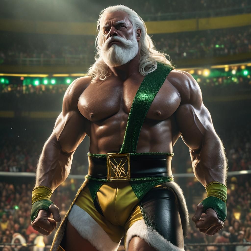A striking 3/4 shot of "Santa Claws," a hyperrealistic and ultra-buff ...