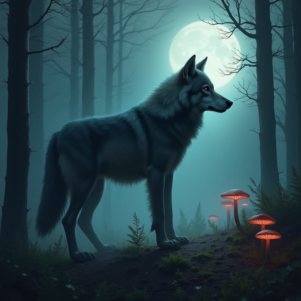 wolf - Surreal Wolf Emerges from Moonlit Forest Shadows