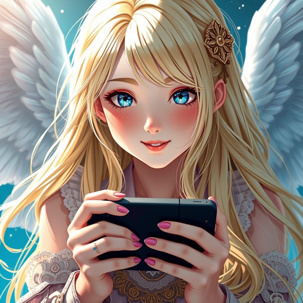 Japanese Gamer Angel with Handheld Console in Eleg... - AI Art