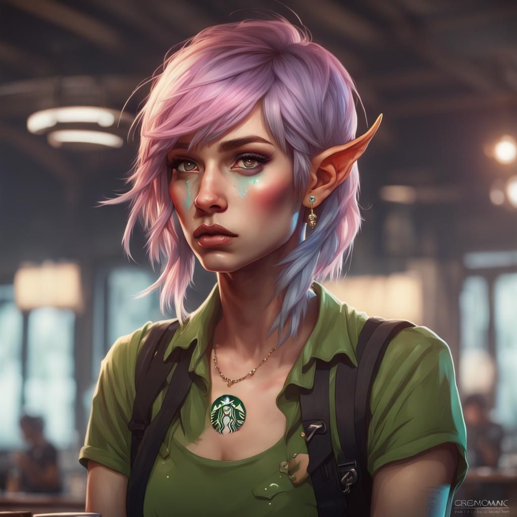 "emo elf, with nose peirceing, crystal earings, and a starbucks shirt ...
