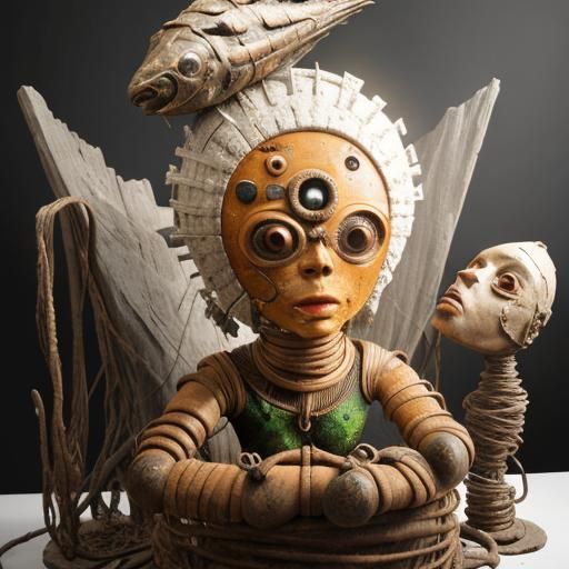 a close-up material mummy patched clay and wire sculpture with weird ...