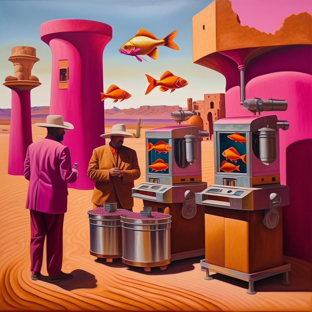 A surreal oil painting of a gathering of three with fish machines ...