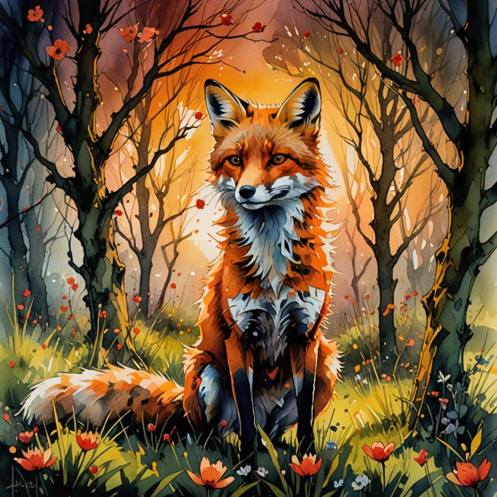 Twilight Orchard Scene in Whimsical Watercolour St... - AI Art