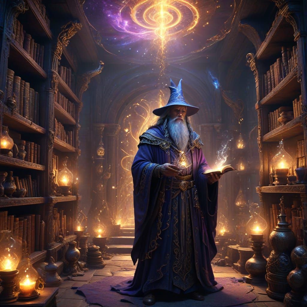 A magical space🧙‍♂️🪄 - Majestic Wizard Amidst Ancient Tome...
