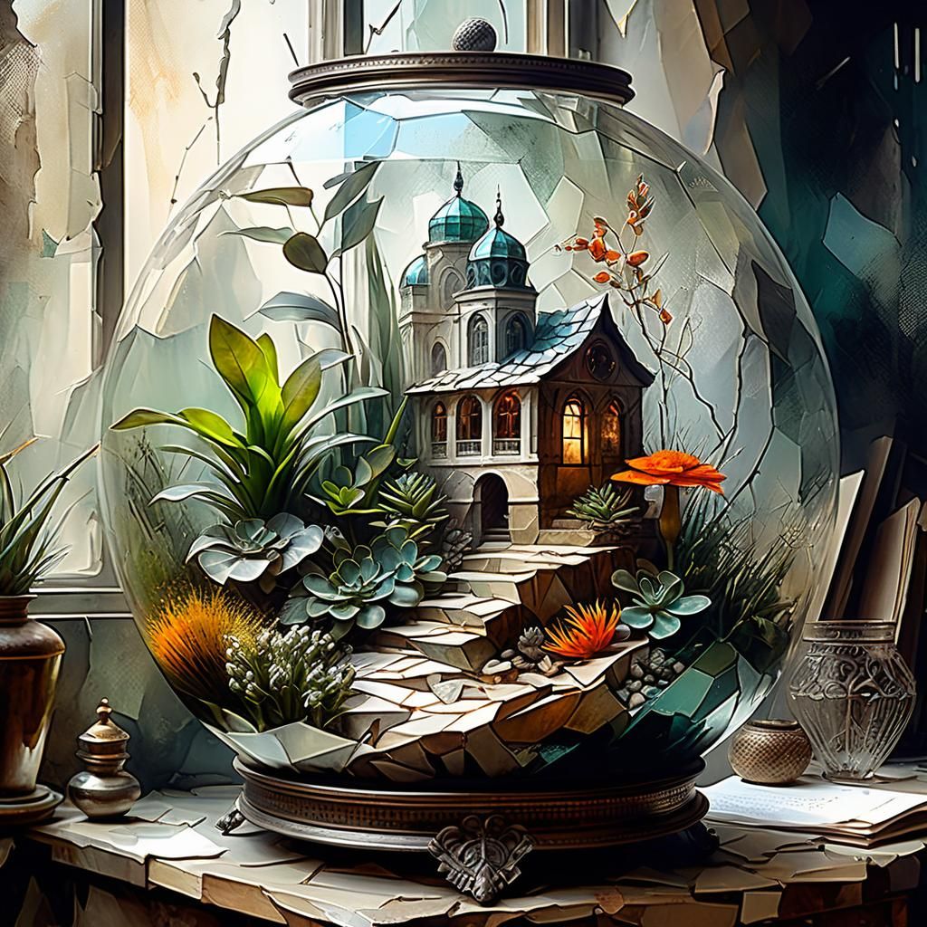 Terrarium on cracked paper, patchwork, mosaic, storybook illustration ...