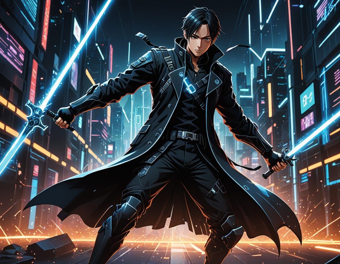 Kirito in Dynamic Sword Fighting Pose - AI Art