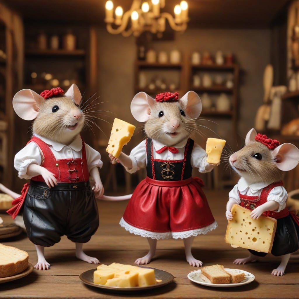 Mice dressed in Austrian Dirndl and leather Pants outfits