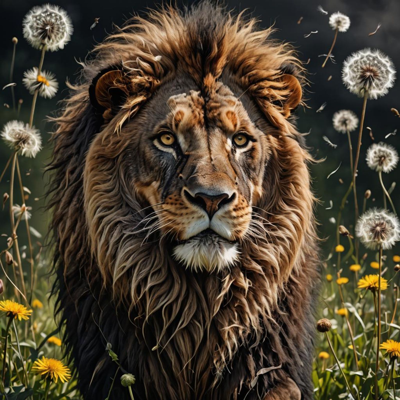 Dark lion in dandelions… needs a hair brush - AI Generated Artwork ...