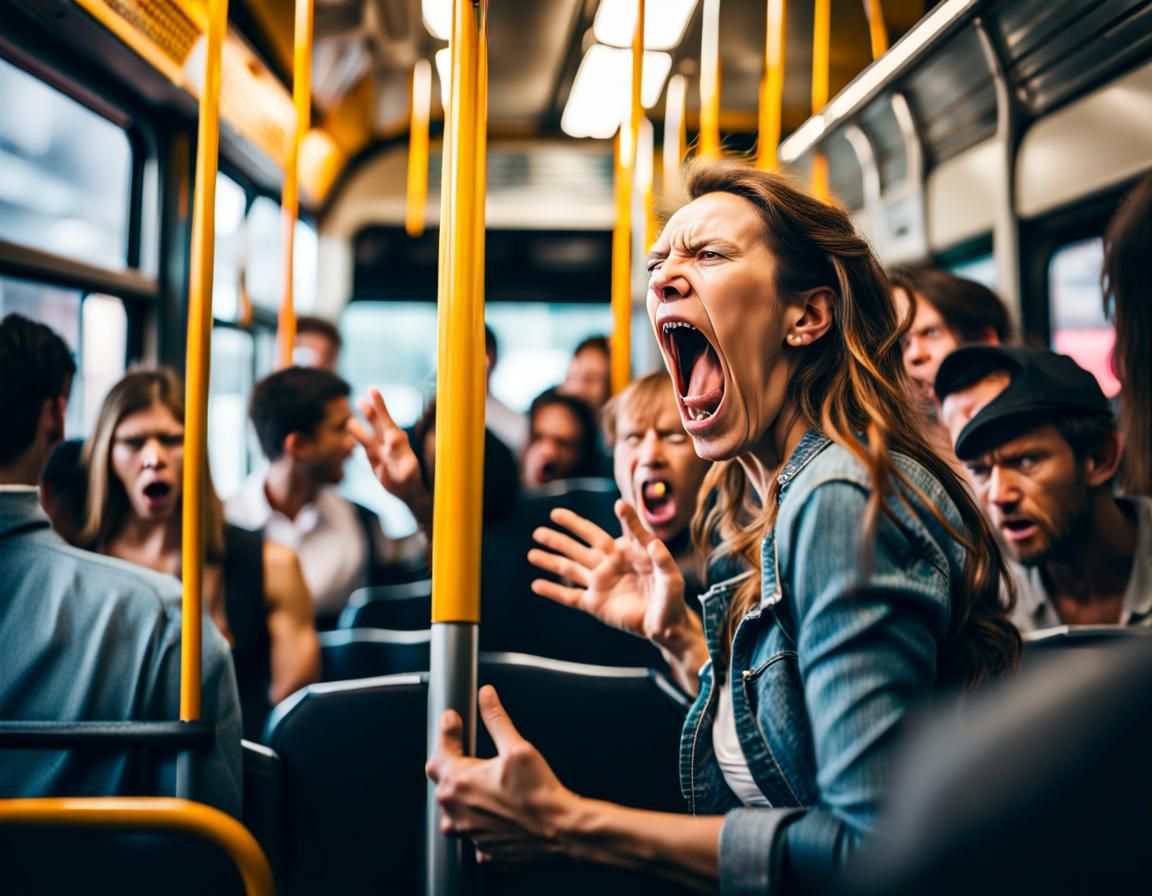 Woman freaking out on the bus - AI Generated Artwork - NightCafe Creator