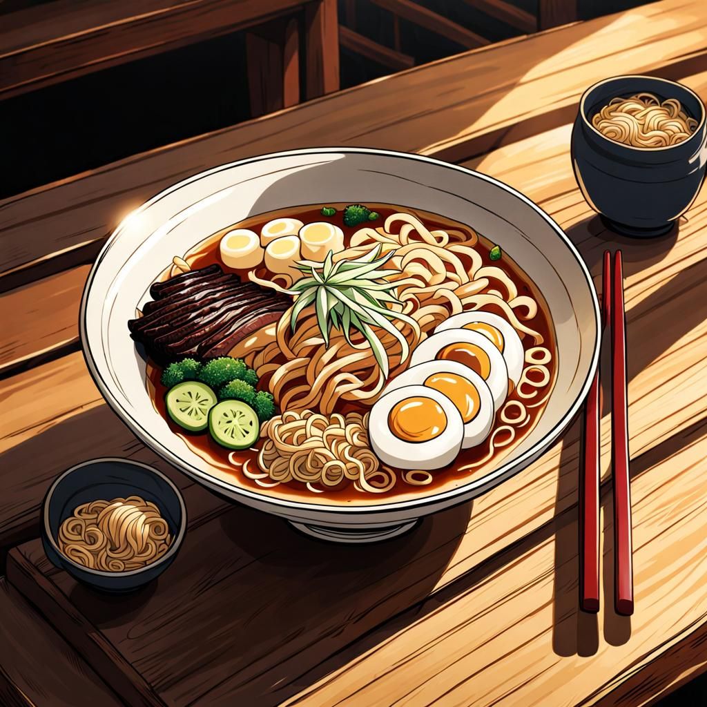 A Bowl Of Ramen On A Wooden Table, Anime by Artist "MAPPA", Deep Color ...