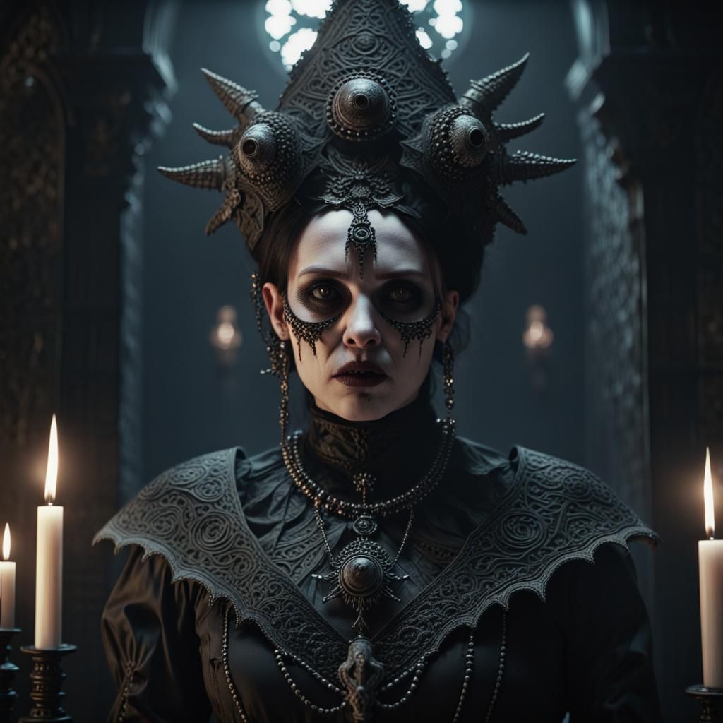 A goth macabre grotesque female wearing occult attire, horror, dark ...