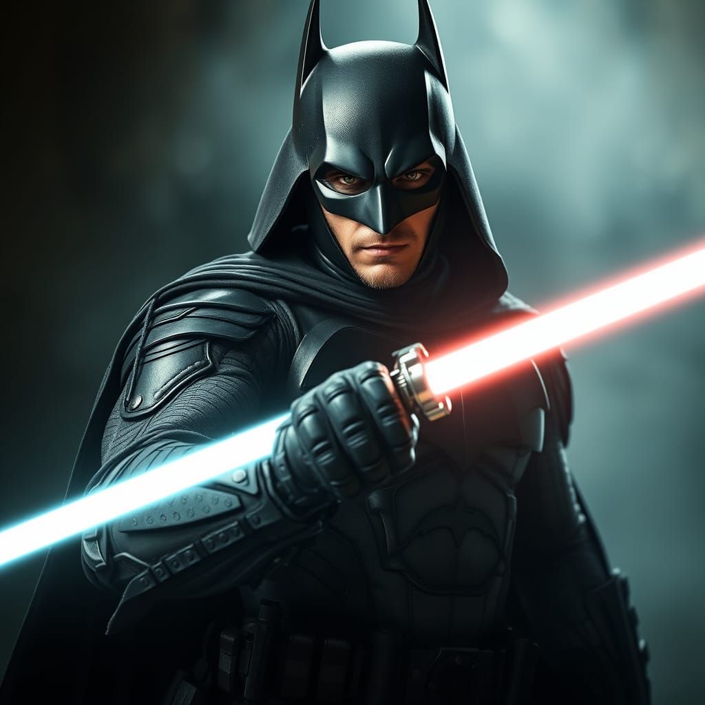 Rugged Jedi Knight Batman with Lightsaber in Moody... - AI Art