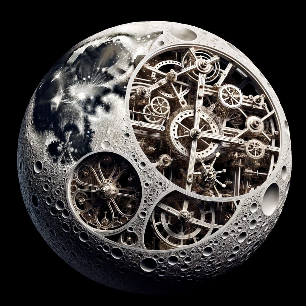A highly detailed mechanical model of the moon, showing the complex ...