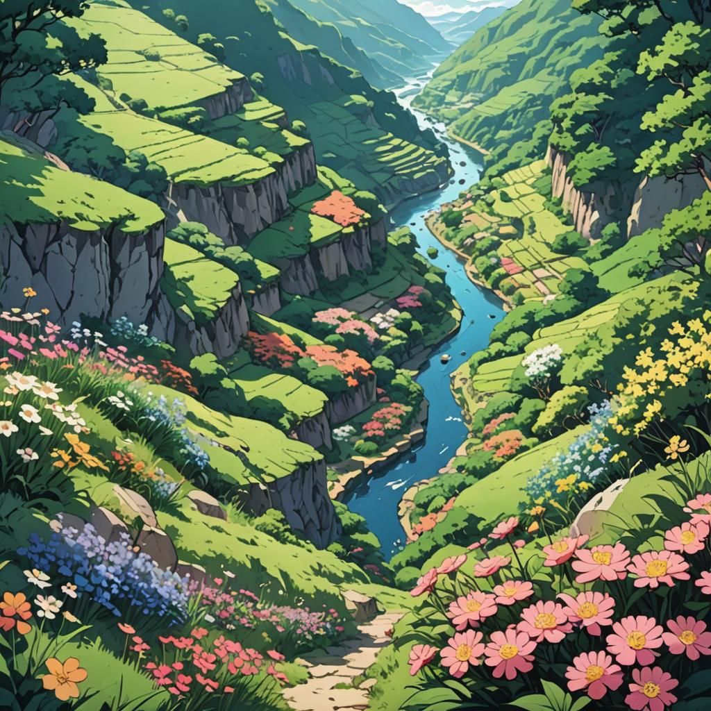 Ghiblicore downhill view - AI Generated Artwork - NightCafe Creator