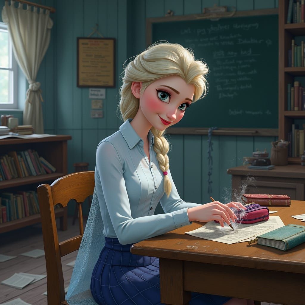 Elsa Studies in a Whimsical Classroom - AI Art