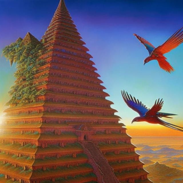 a giant steampunk mechanical multicolored Quetzal bird flying over ...