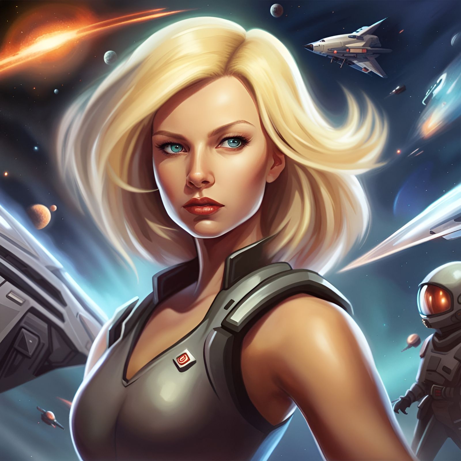 Blonde girl, leader of intergalactic space thugs, spaceships battling ...
