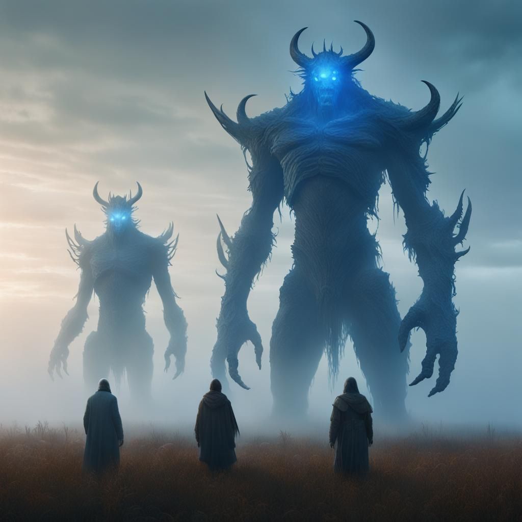 Three large humanoid creatures with blue eyes emerging from the fog ...