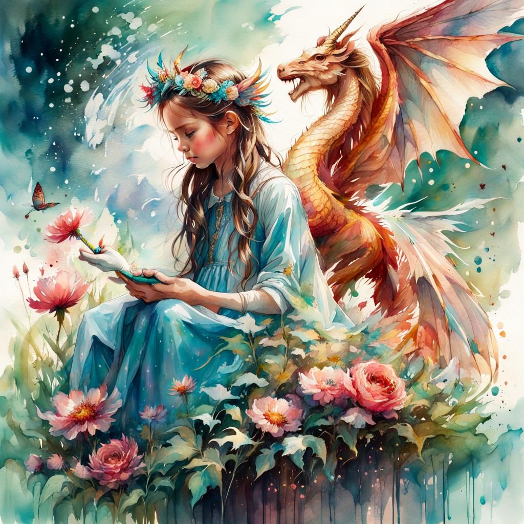 Flower Princess and her Mythical Pet - watercolour - AI Generated ...