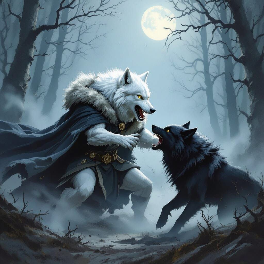 Wolves Clash in Moonlit Forest, Frazetta Style - AI Art